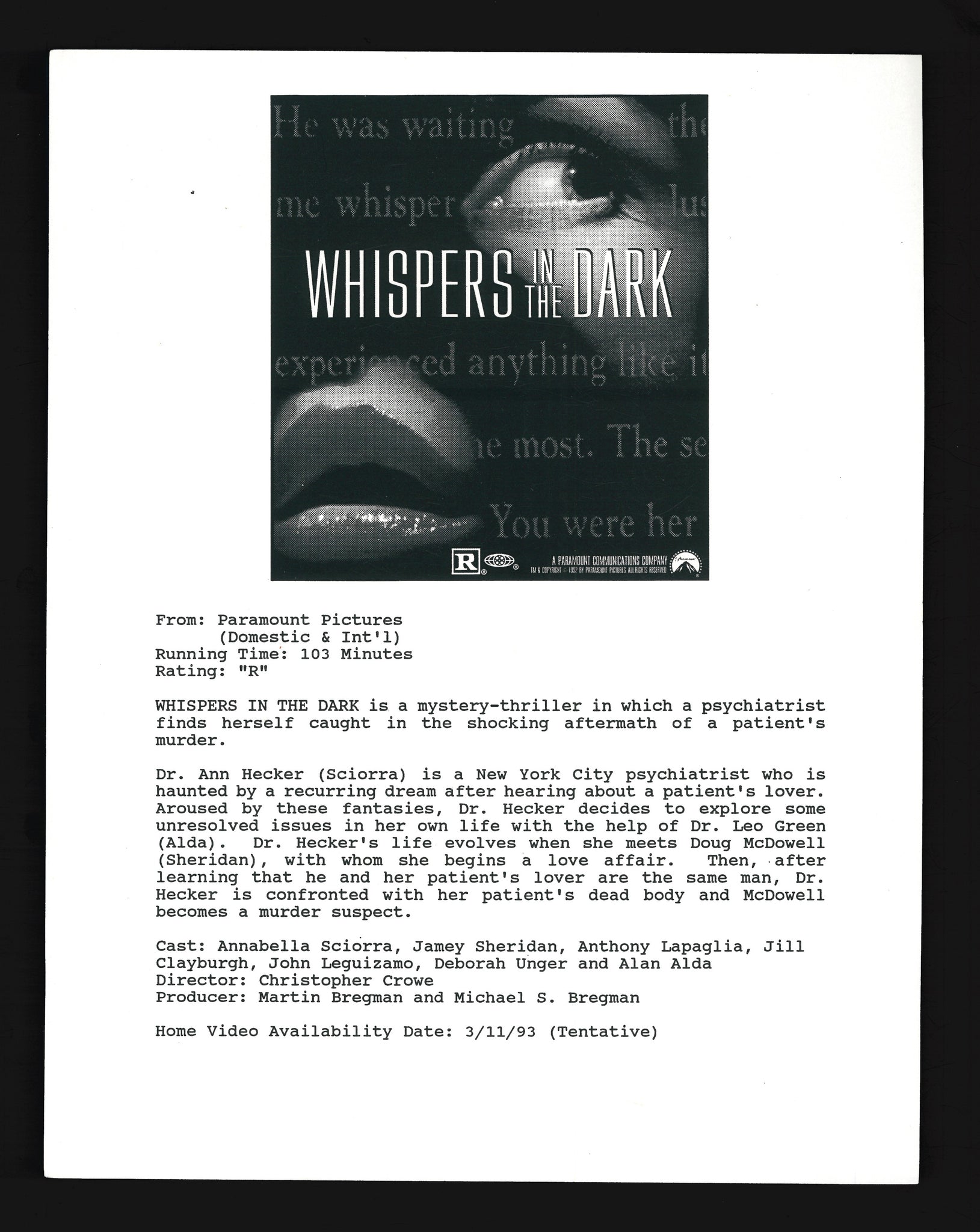 Whisper in the Dark, 1992 Press Kit – Vintage Magazine Company
