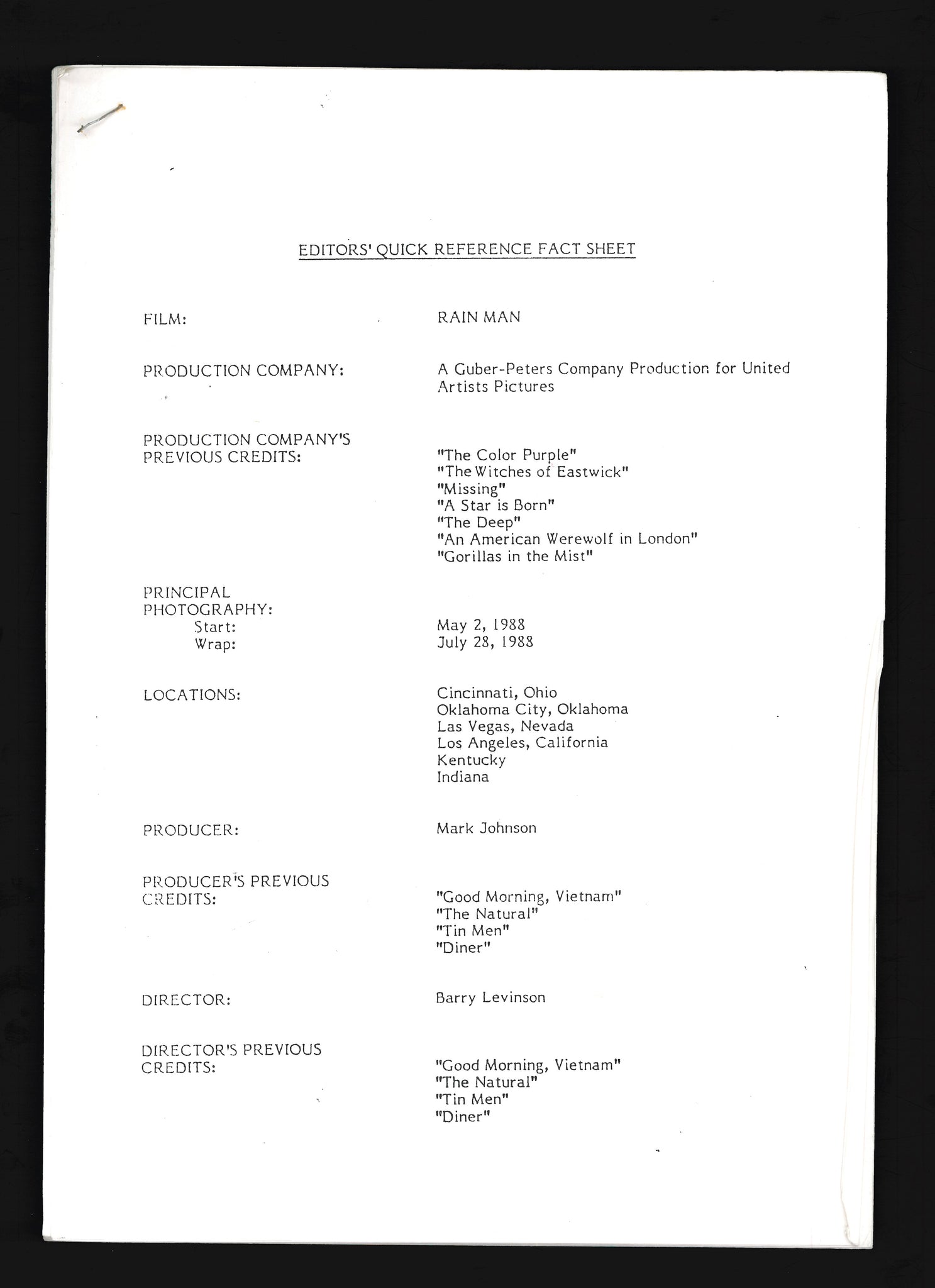 Rain Man, 1988 Press Kit – Vintage Magazine Company