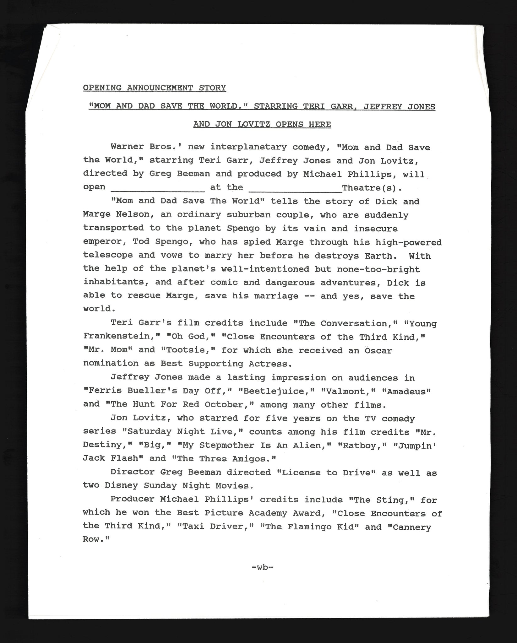 Mom and Dad Save the World, 1992 Press Kit – Vintage Magazine Company