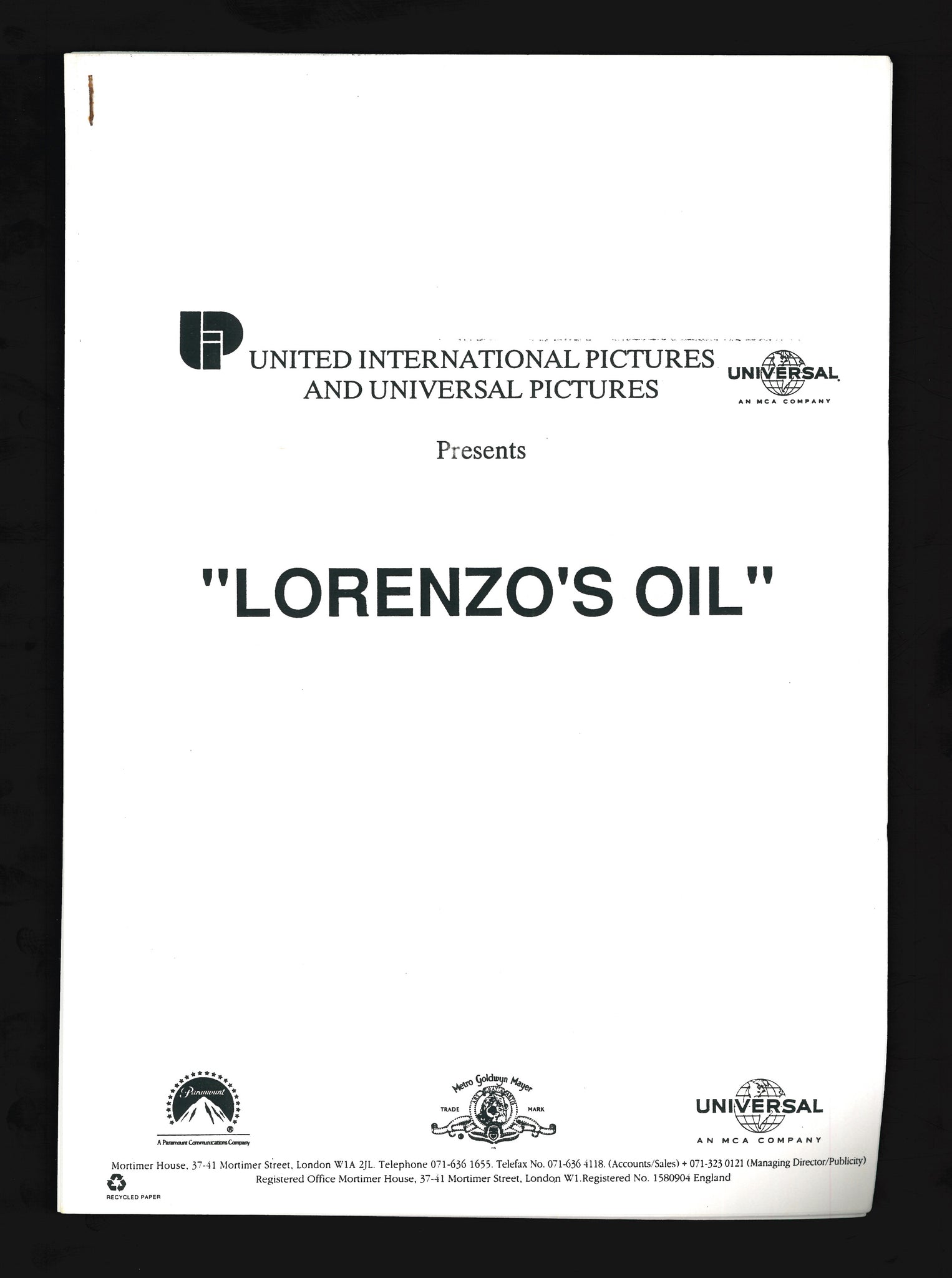 Lorenzo's Oil, 1992 Press Kit – Vintage Magazine Company