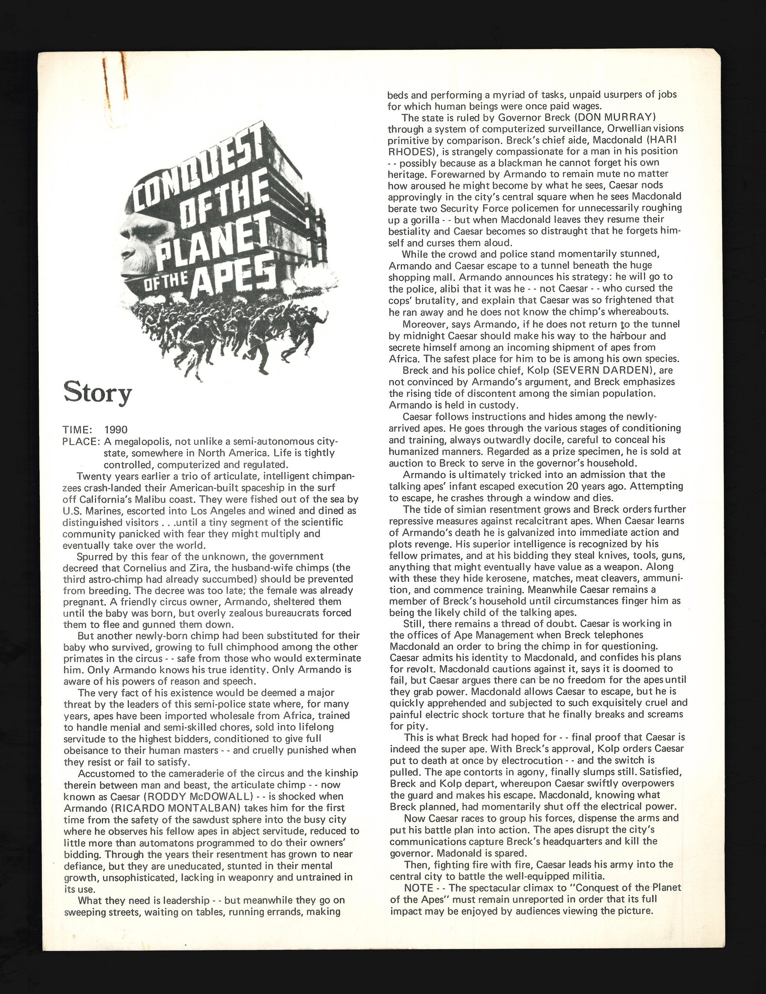 Conquest of the Planet of the Apes, 1972 Press Kit – Vintage Magazine ...